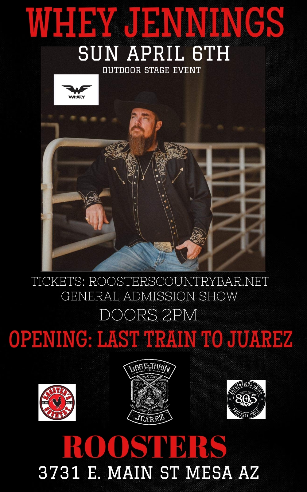 WHEY JENNINGS @ ROOSTERS Tickets, Sun, Apr 6, 2025 @ 2:00pm